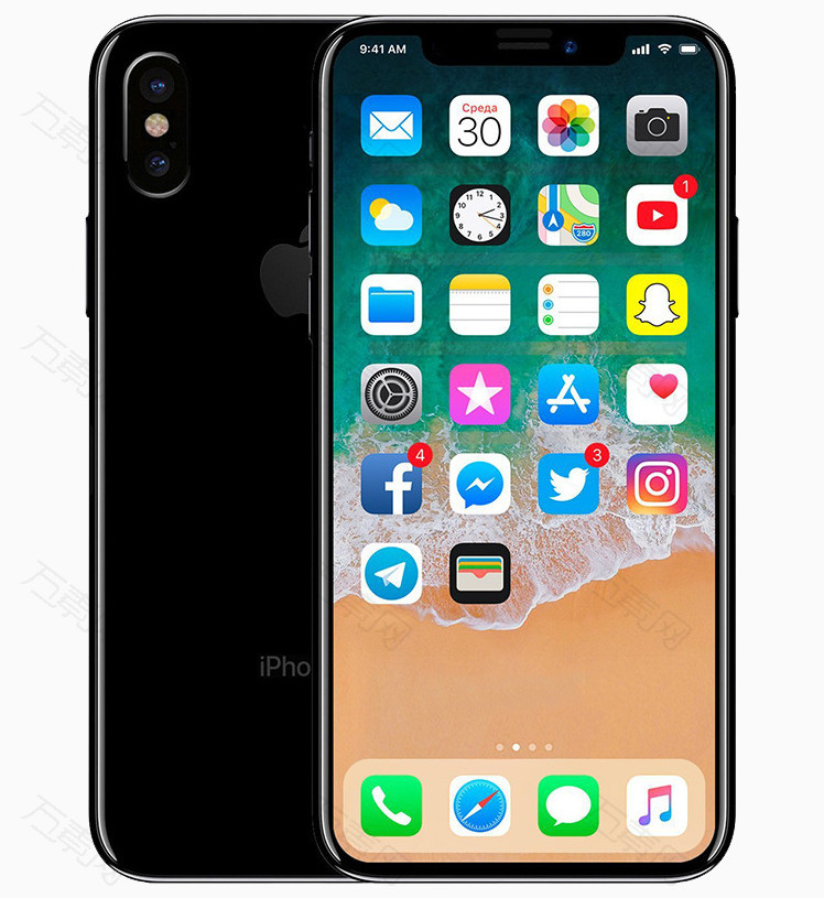 全面屏手机iPhoneX黑色版png元素素材图片下载-万素网